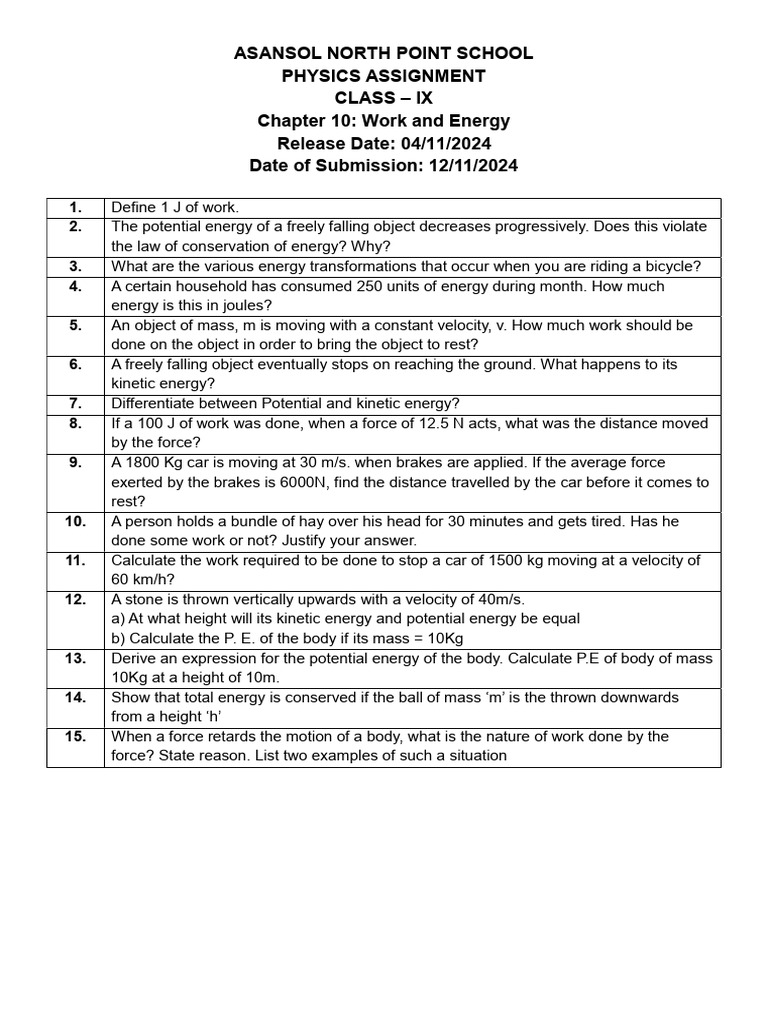 Assignment (IX PHY) - Work and Energy-1 | PDF