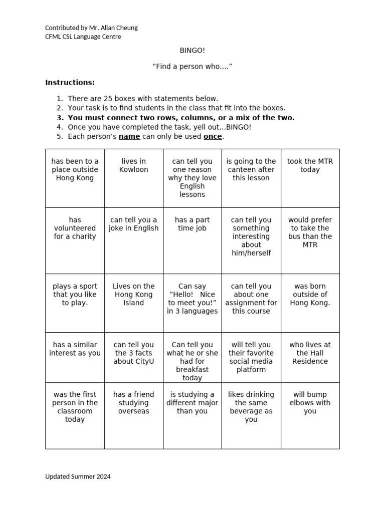 ICE BREAKER Student Bingo | PDF