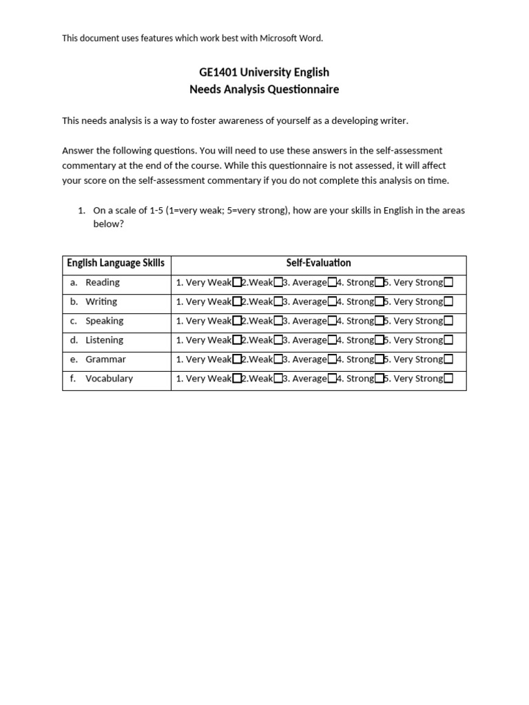 University English Needs Analysis Questionnaire | PDF | English ...