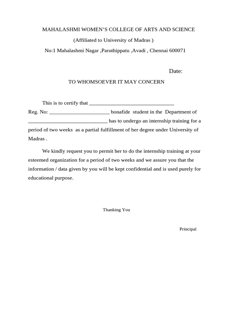 Internship Bonafide Format Final Year Pdf