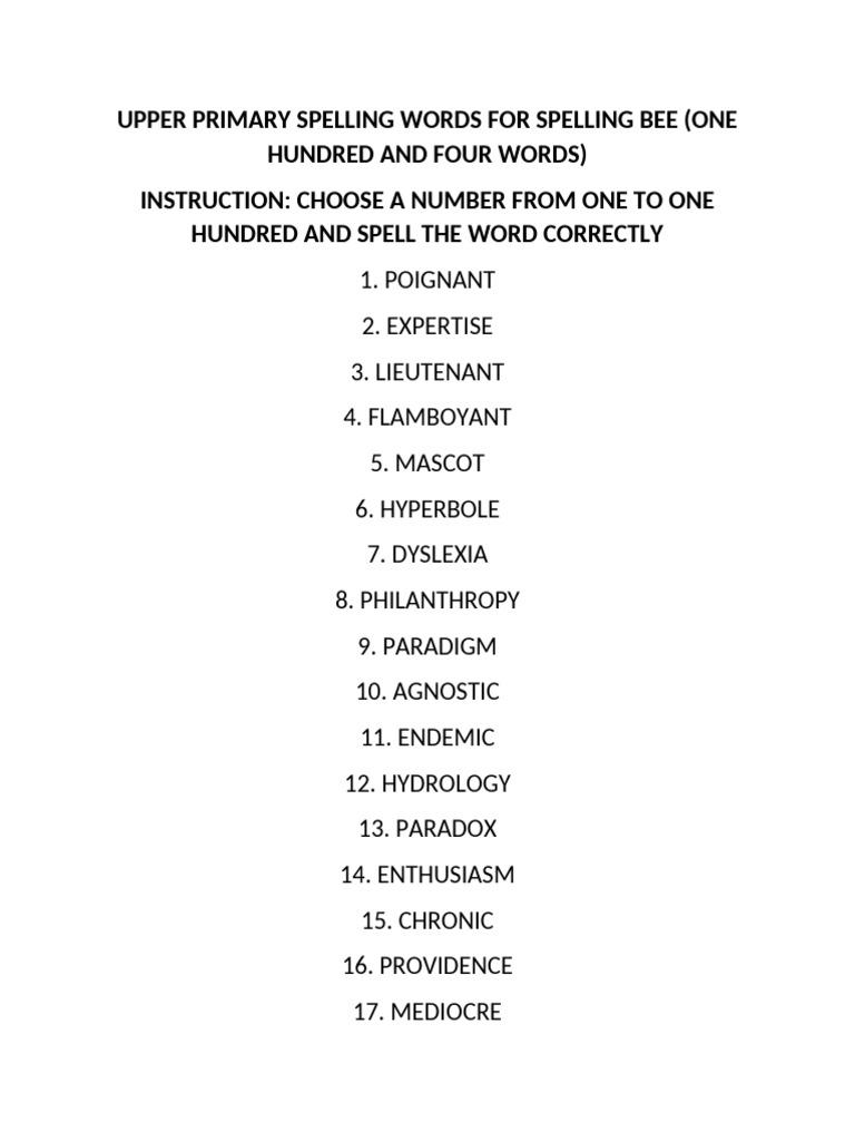 Spelling Bee Words For Upper Primary | PDF
