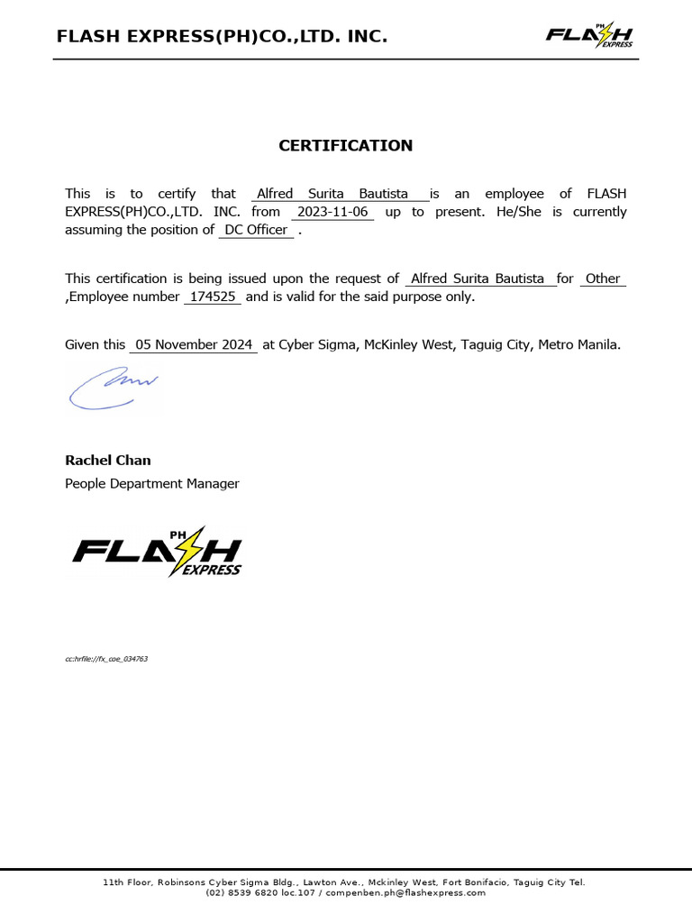 Flash Express (PH) Co.,Ltd. Inc.: Certification | PDF
