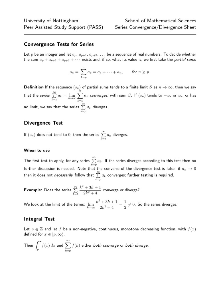 Series Convergence Test Recap | PDF | Limit (Mathematics) | Calculus