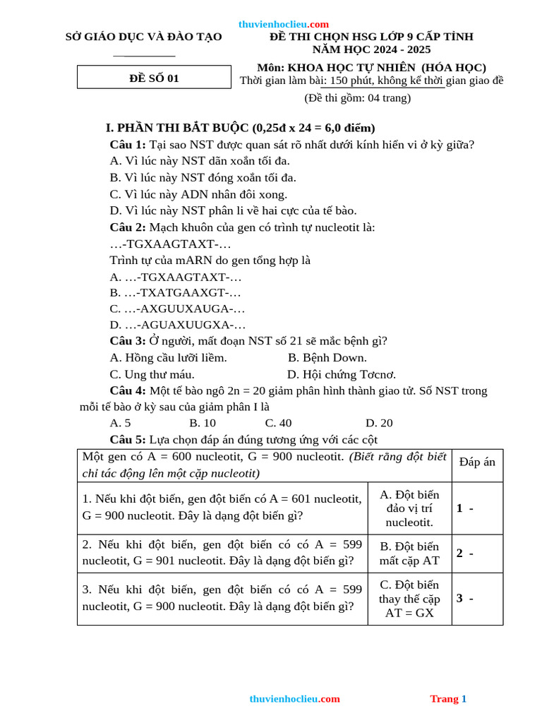 50 de Thi HSG Hoa 9 Nam 24 25 | PDF