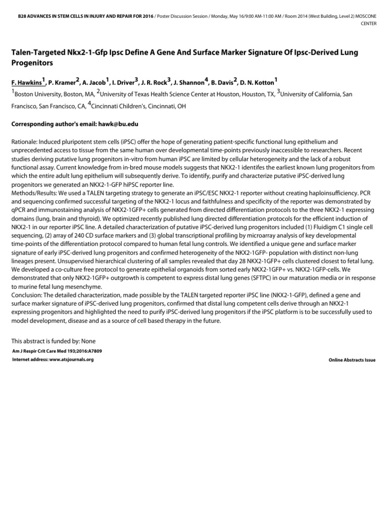 Hawkins Et Al 2016 Talen Targeted nkx2 1 GFP Ipsc Define A Gene and ...