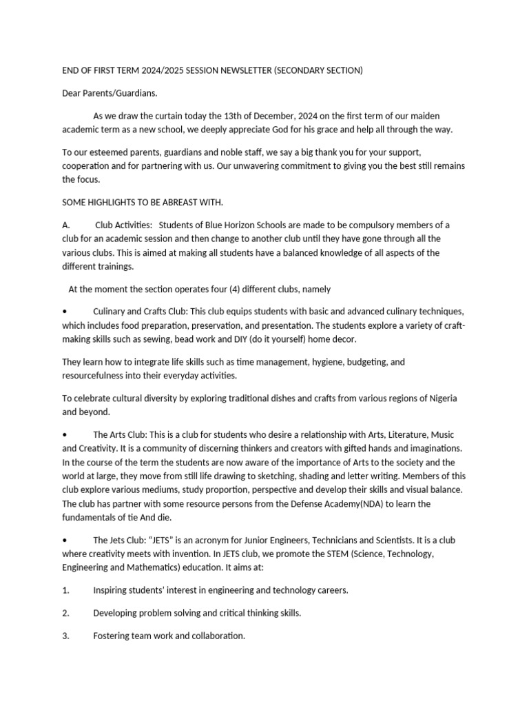 End of First Term Newsletter 2024/2025 | PDF | Science, Technology ...
