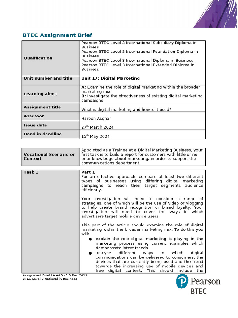 Unit 17 Digital Marketing Aab Learning Aims Ab Pdf Digital Marketing Marketing