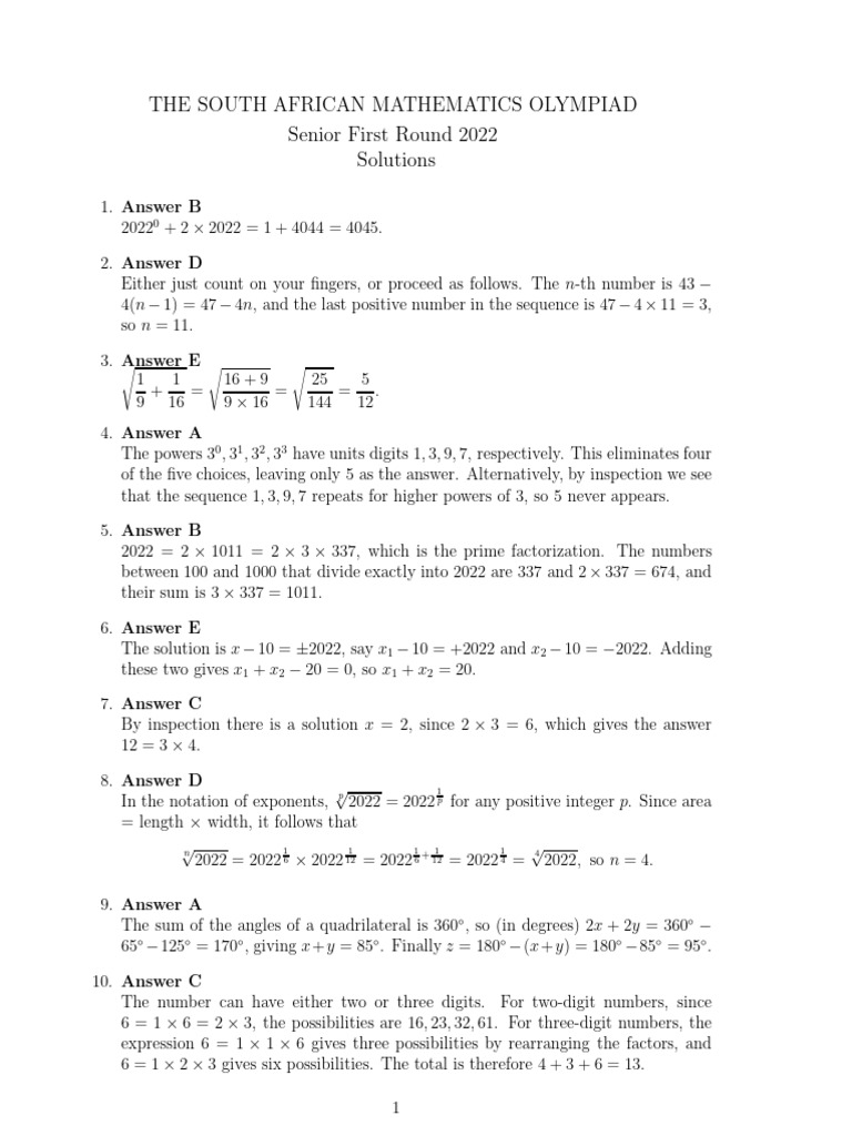 The South African Mathematics Olympiad Senior First Round 2022 ...