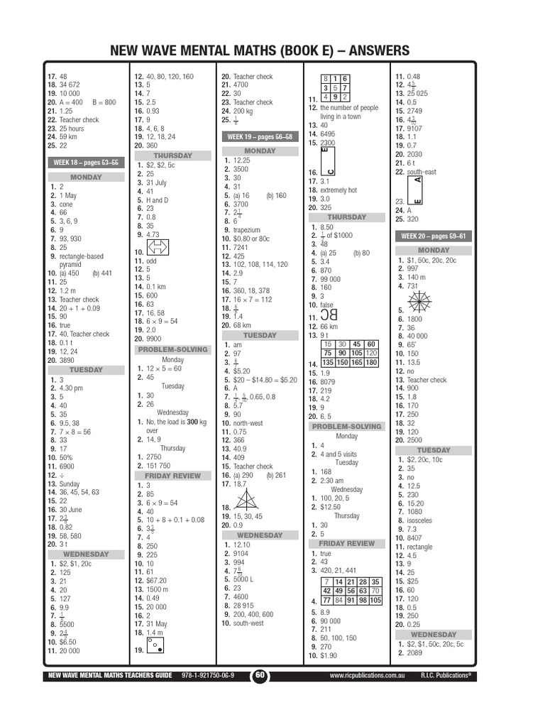 New Wave Mental Maths (Book E) - Answers: Thursday Monday | PDF