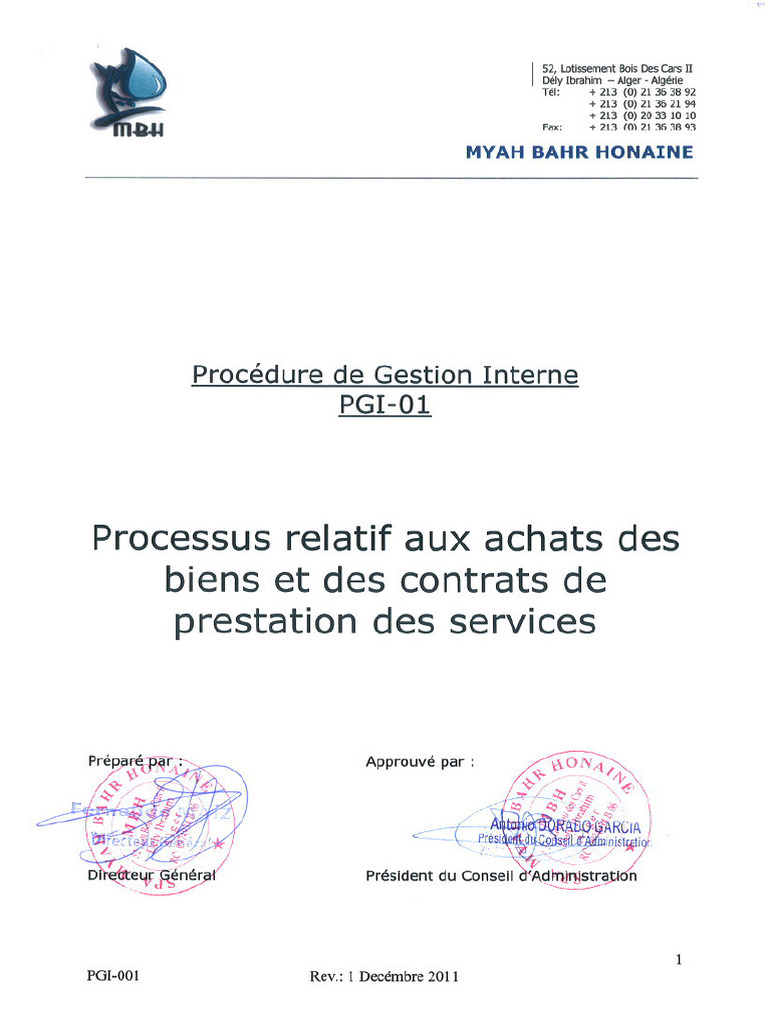 MBH Processus Achats Biens Contrats Préstation Des Services | PDF