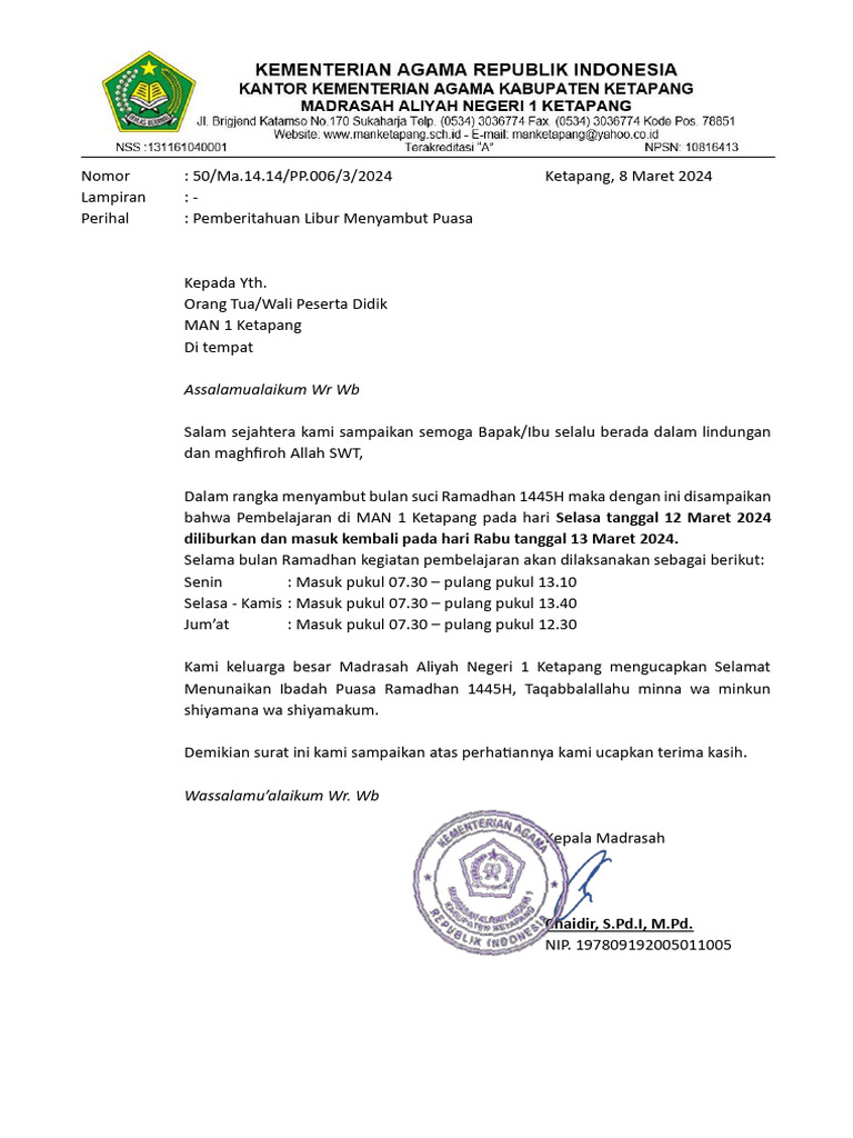 Surat Pemberitahuan Libur Ramadhan | PDF