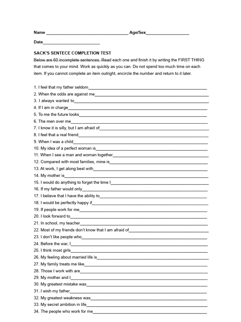 Sacks-Sentence-Completion-Test Questionnaire | PDF