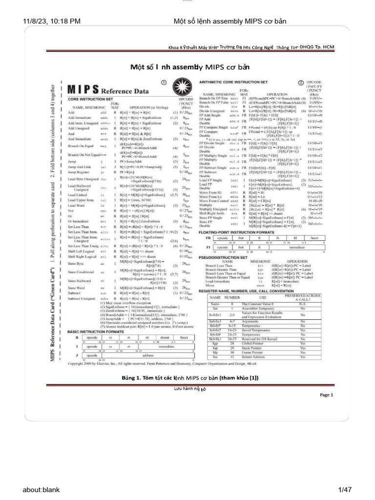 Mot So Lenh Assembly Mips Co Ban To Chuc Va Cau Truc May Tinh II | PDF