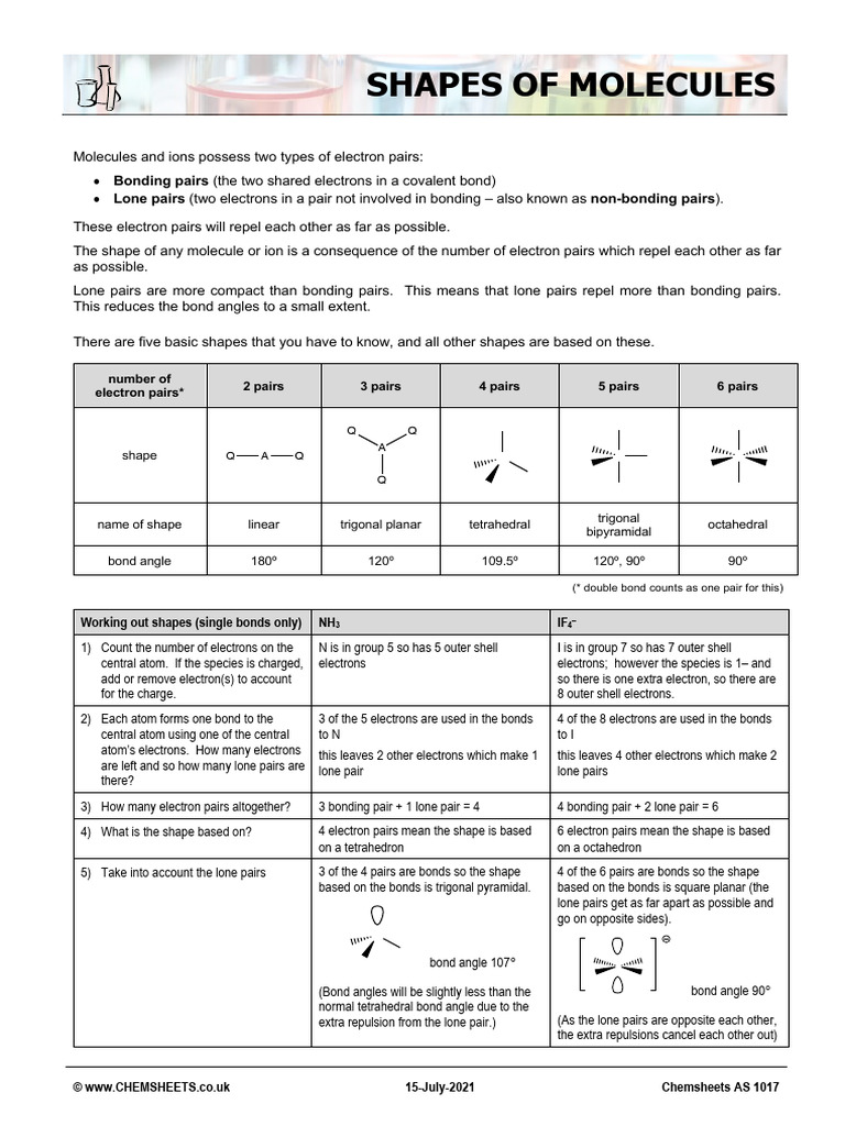 Chemsheets AS 1017 Shapes of Molecules | PDF | Chemical Bond | Covalent ...