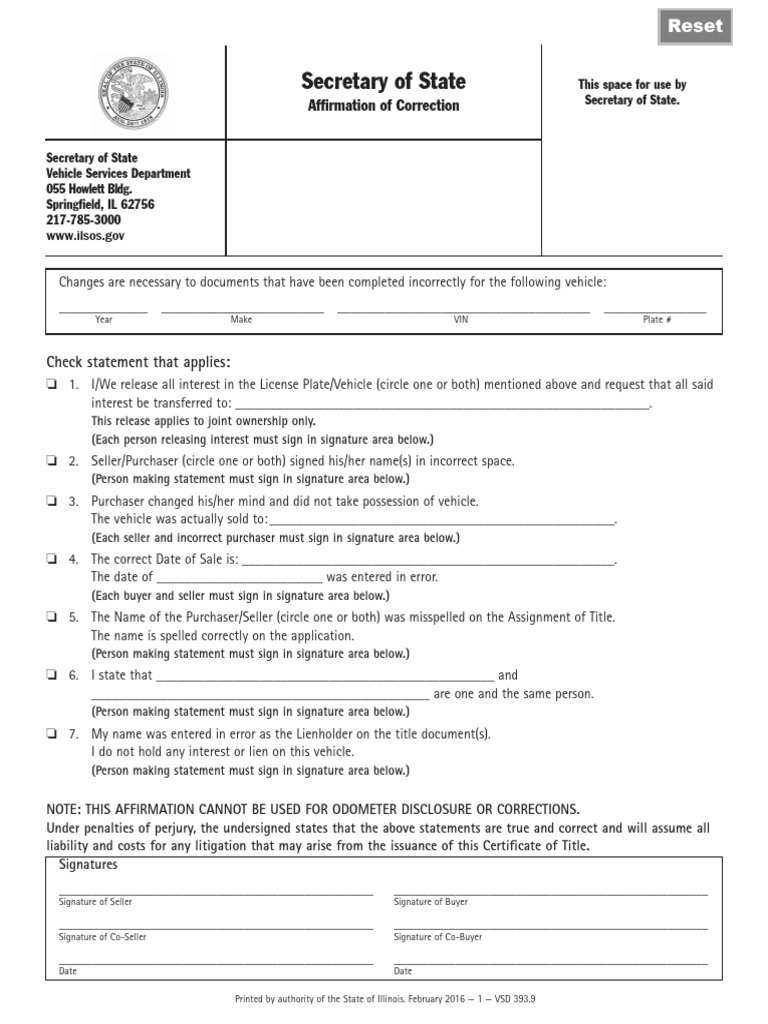 Illinois Vehicle Title Correction Form | PDF | Civil Law (Common Law ...