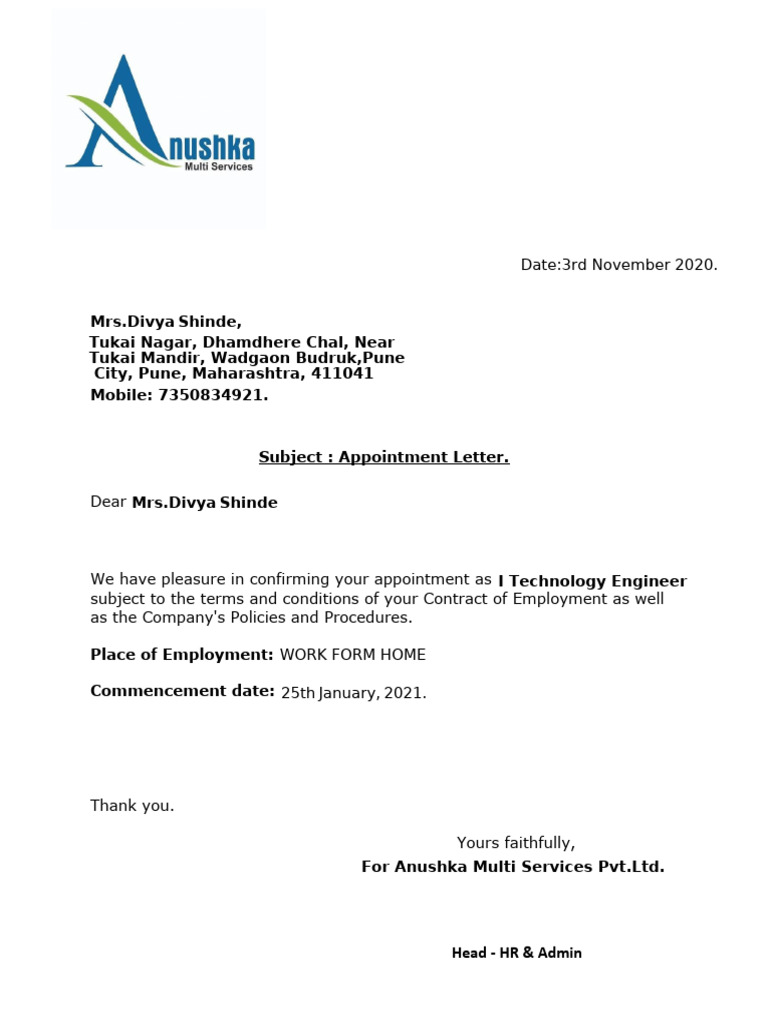 Divya Shinde Appointment Letter | PDF