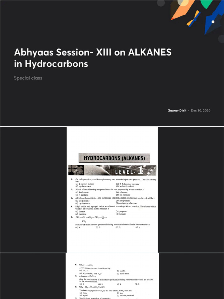 Abhyaas Session XIII On ALKANES in Hydrocarbons No Anno | PDF
