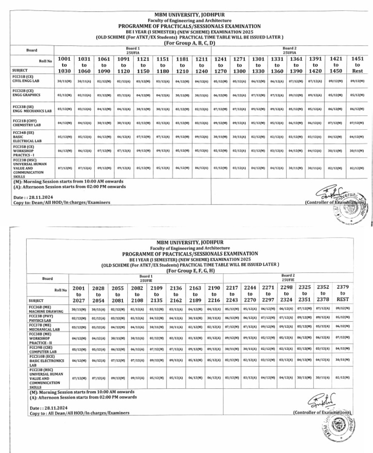Ist Sem Practical Time Table 2025 | PDF | Engineering | Science