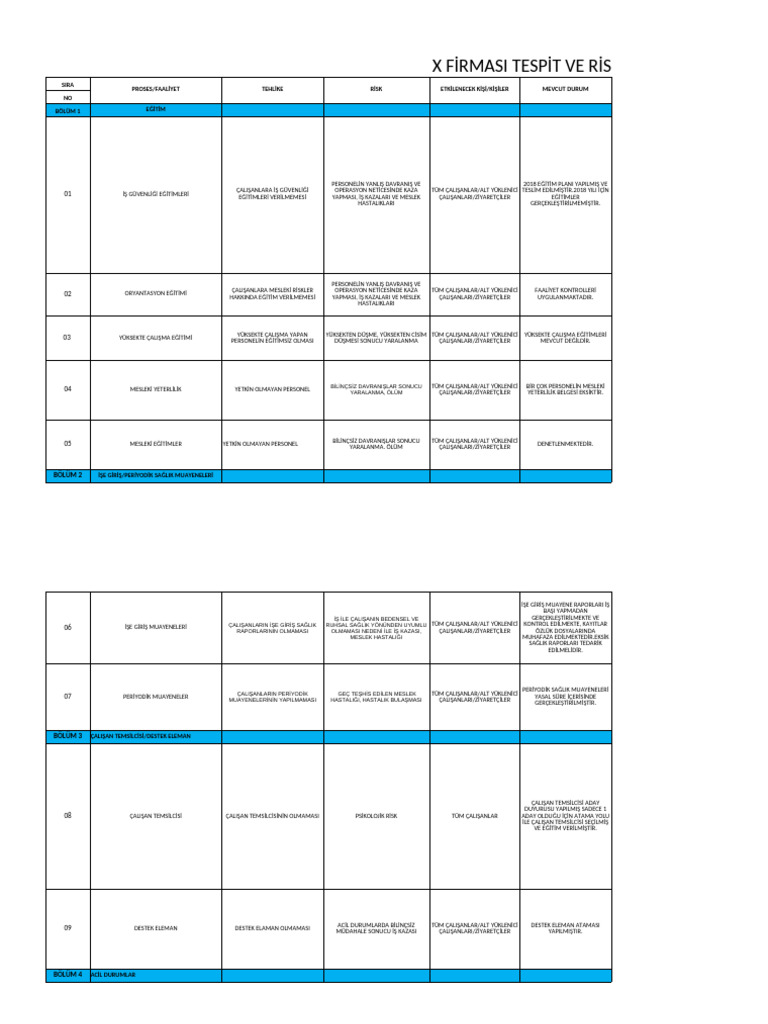 X Firmasi Tespit Ve Risk Seviyesi Tablosu | PDF