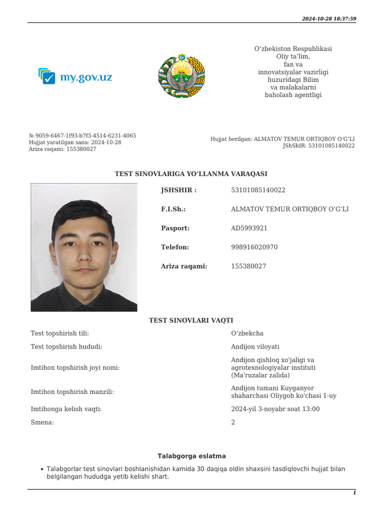 Test Sinovlariga Yo Llanma Varaqasi Jshshir: F.I.Sh.: Pasport: Telefon ...