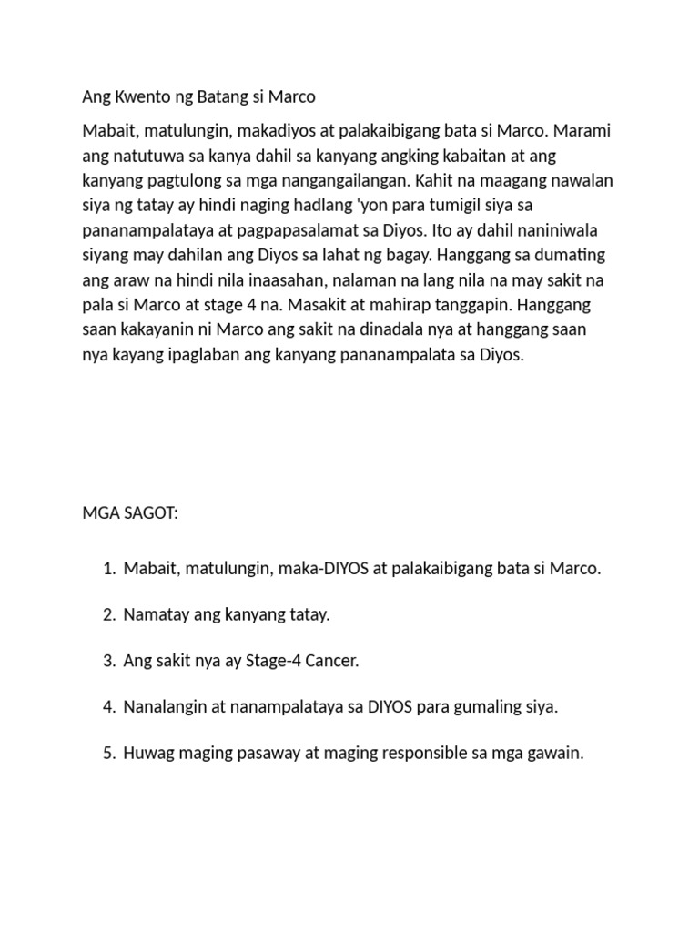Ang Kwento NG Batang Si Marco | PDF