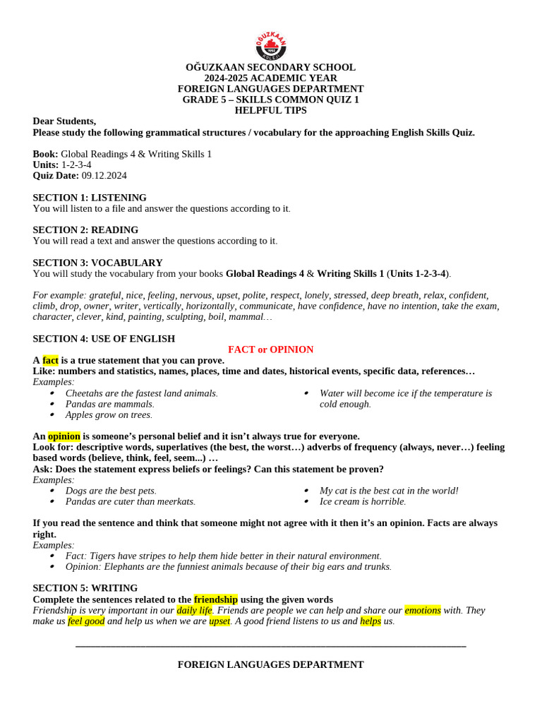 2024-2025 - Grade 5 - English Skills Quiz 1 - Helpful Tips | PDF ...