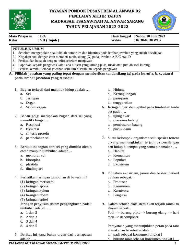 Soal Pat Genap Kelas 7 Ipa 2022-2023 | PDF