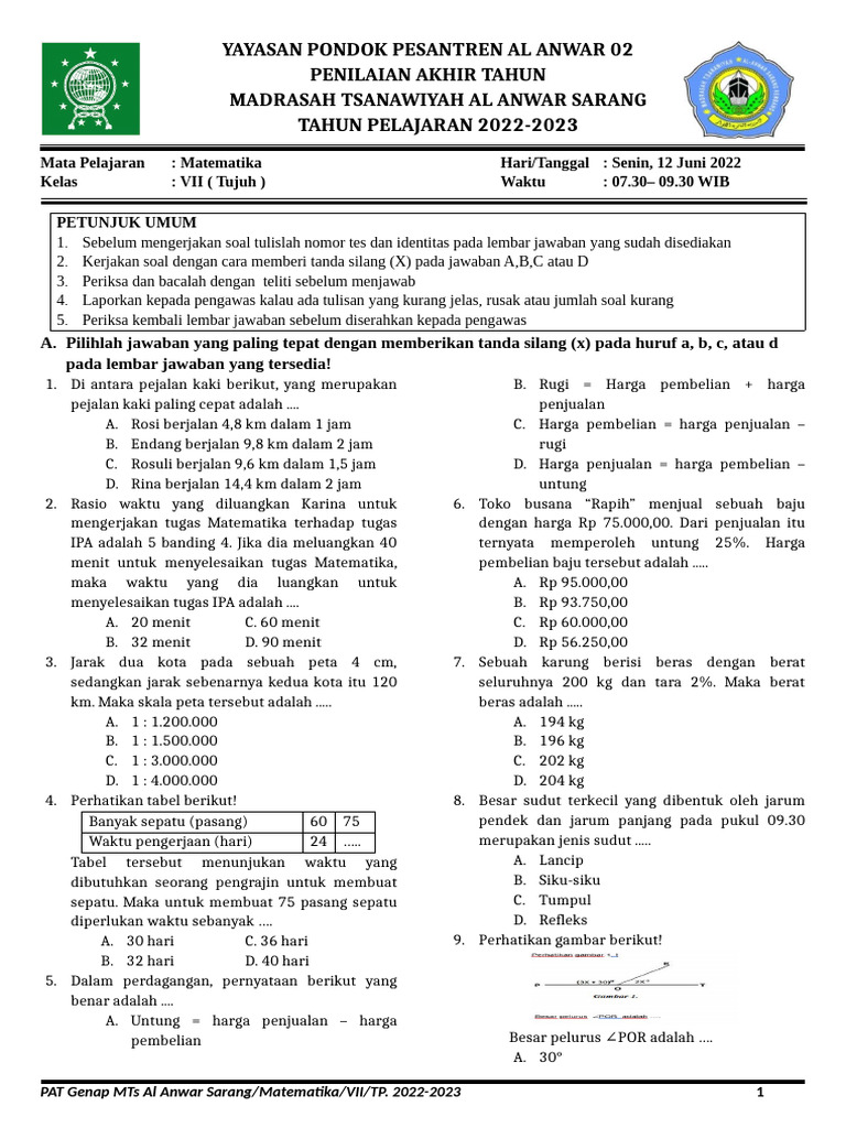 Soal Pat Genap Kelas 7 Matematika 2022-2023 | PDF