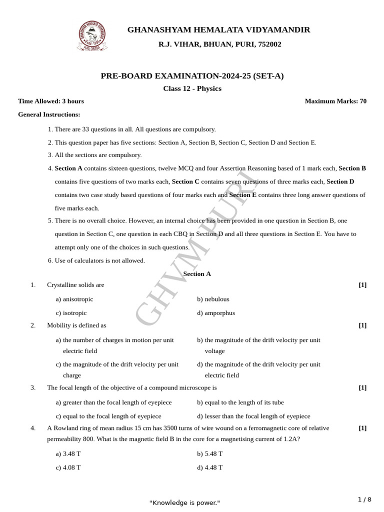 Class 12 Physics Pre-Board Exam 2024-25 | PDF | Inductor | Capacitor
