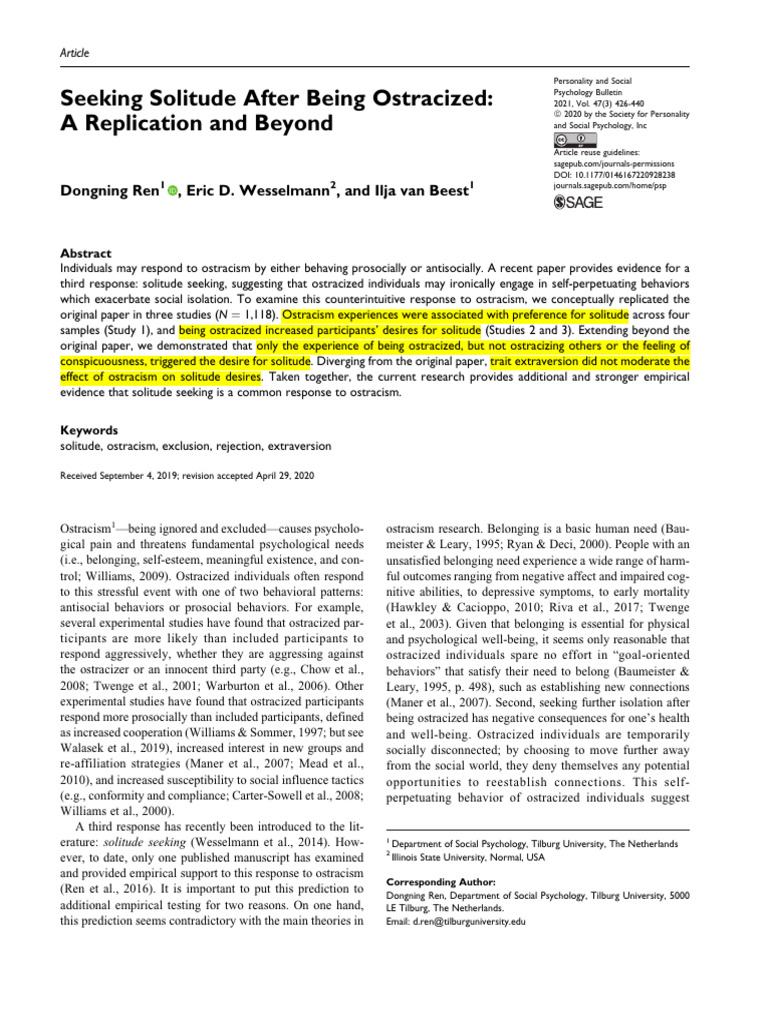 Ren Et Al.-2021-Seeking Solitude After Being Ostracized A Replication and Beyond | PDF ...