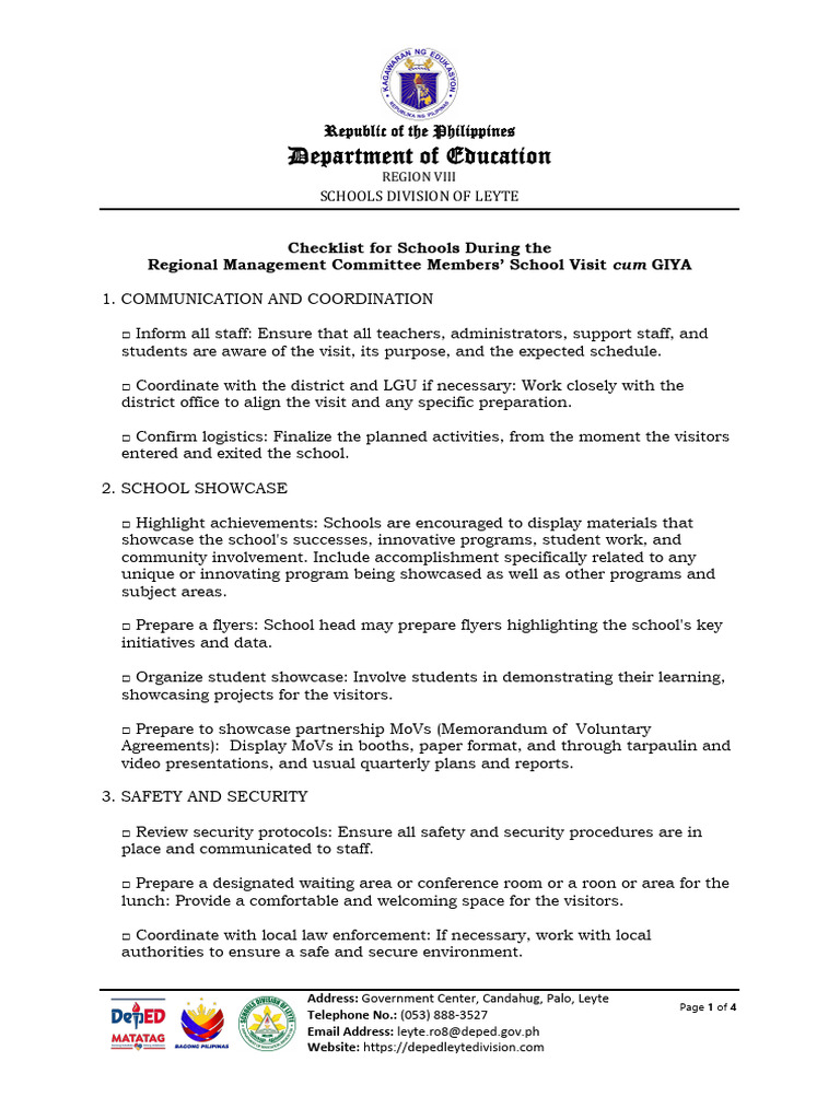 School Visit Preparation Checklist | PDF | Strategic Planning | Human ...