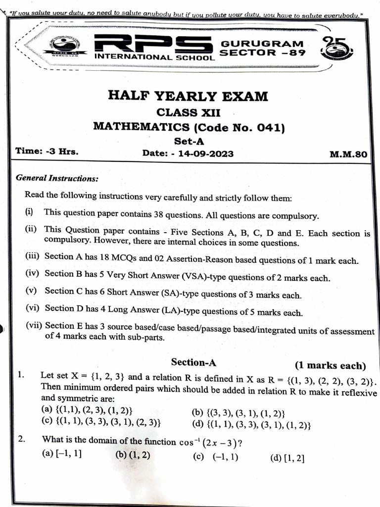 12-Mathematics Half Yearly | PDF | Space | Mathematical Physics