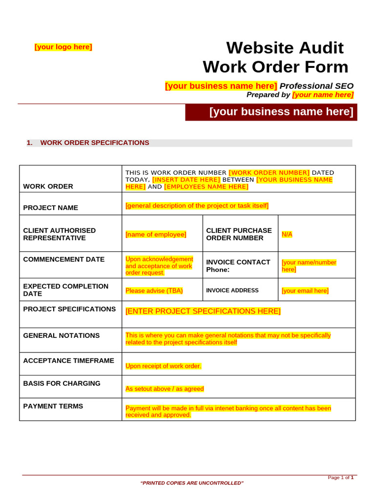 Website Audit Work Order Form | PDF