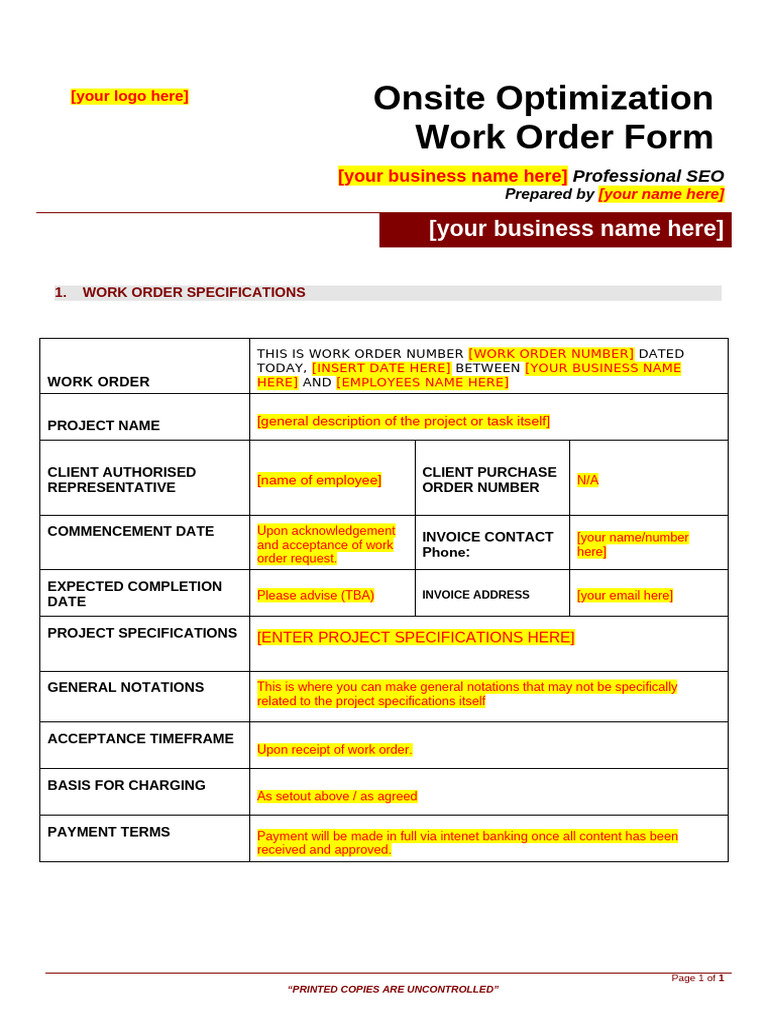 Onsite Optimization Work Order Form | PDF