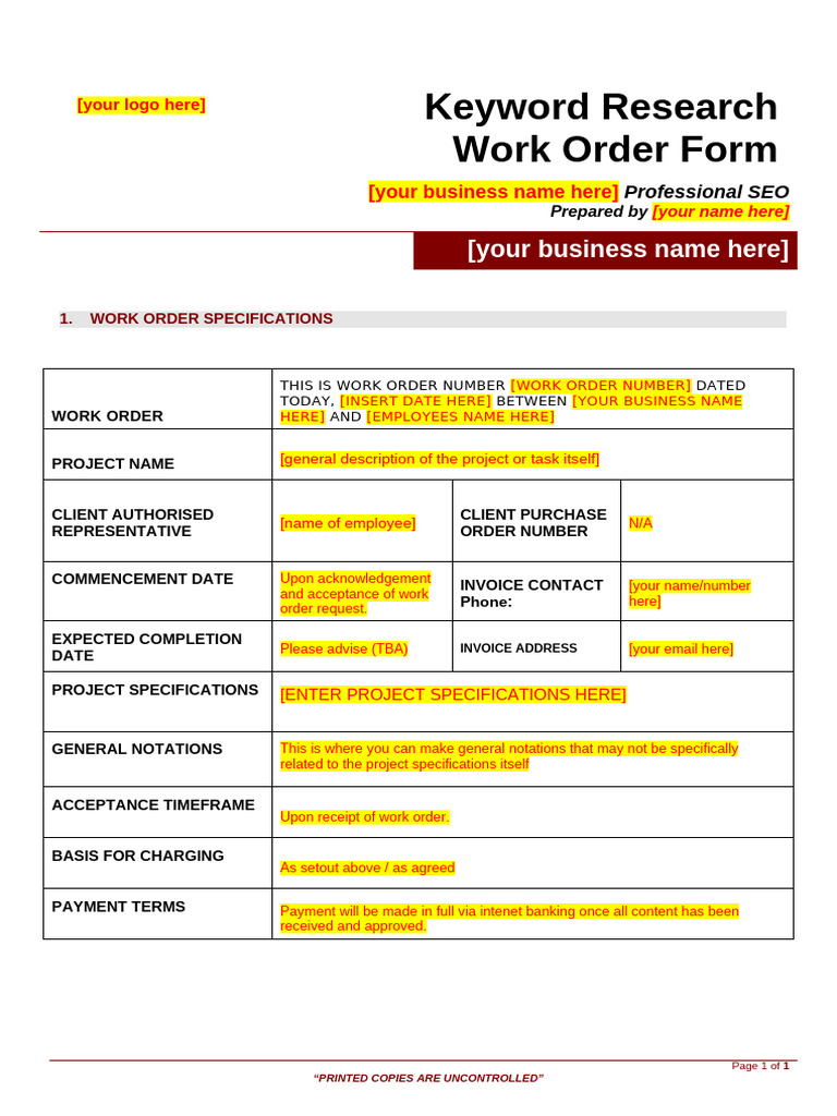 Keyword Research Work Order Form | PDF