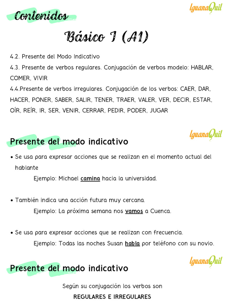 Básico I (A1) - UNIDAD 4 - VERBOS REGULARES E IRREGULARES PRESENTE SIMPLE MODO INDICATIVO | PDF ...