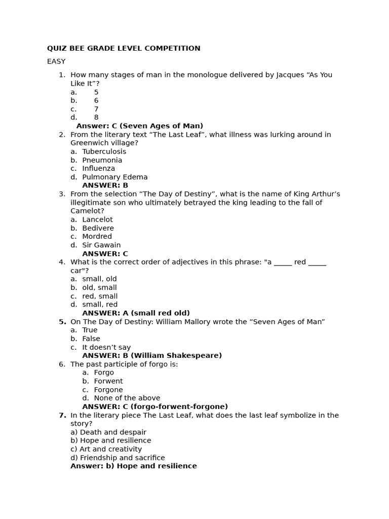 Quiz Bee | PDF | Adverb | Excalibur