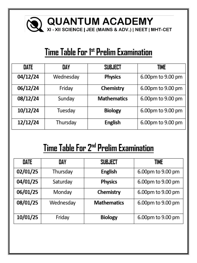2024-2025 Prelim Exam Timetable | PDF