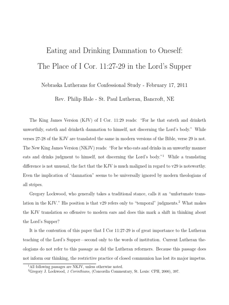 Eating and Drinking Damnation To Oneself: The Place of I Cor. 11:27-29 ...