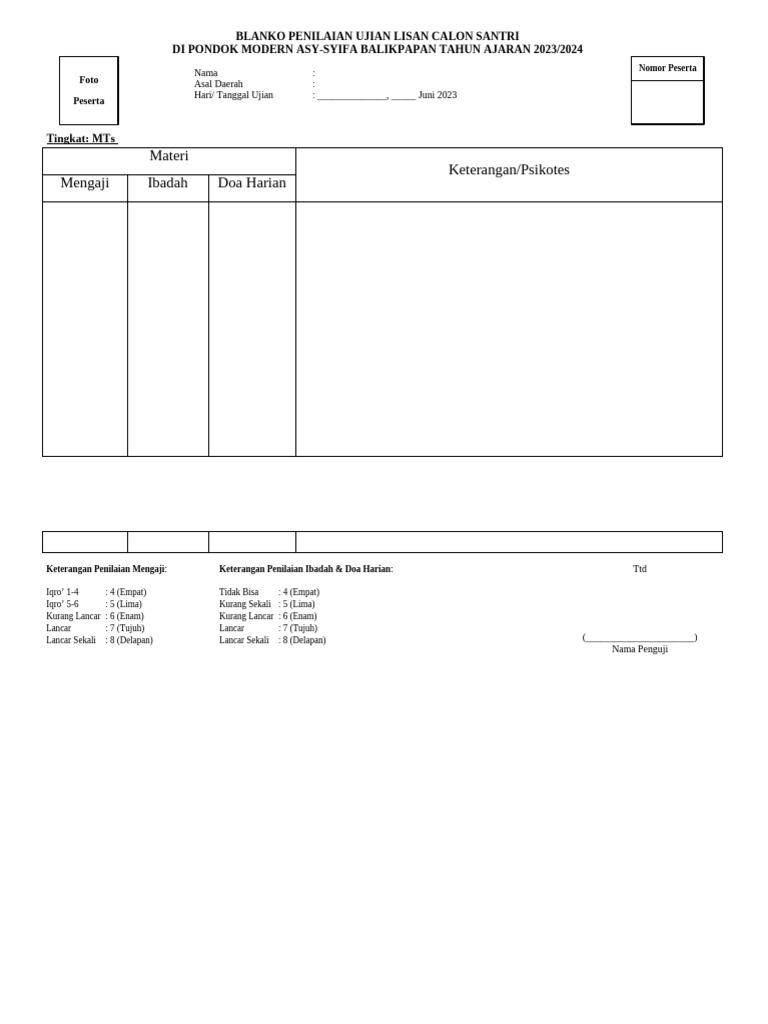 Blanko Penilaian Ujian Lisan Calon Santri | PDF