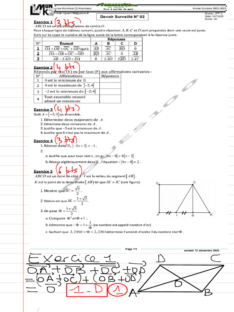 612bcb1cd7765devoir Corrige de Mathematiques Niveau 2ndec Annee | PDF
