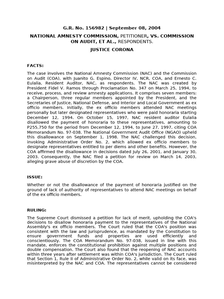 National Amnesty Commission Vs COA, GR No. 156982 | PDF | Supreme Court ...