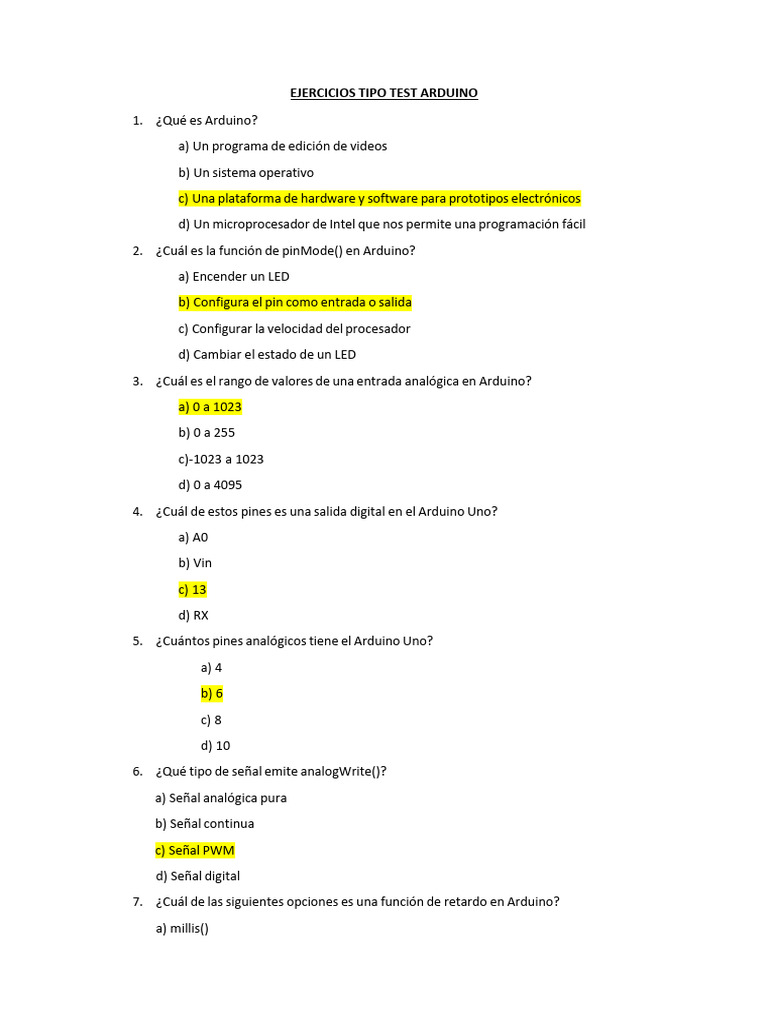 Ejercicios Tipo Test Arduino Pdf Arduino Ingeniería Informática
