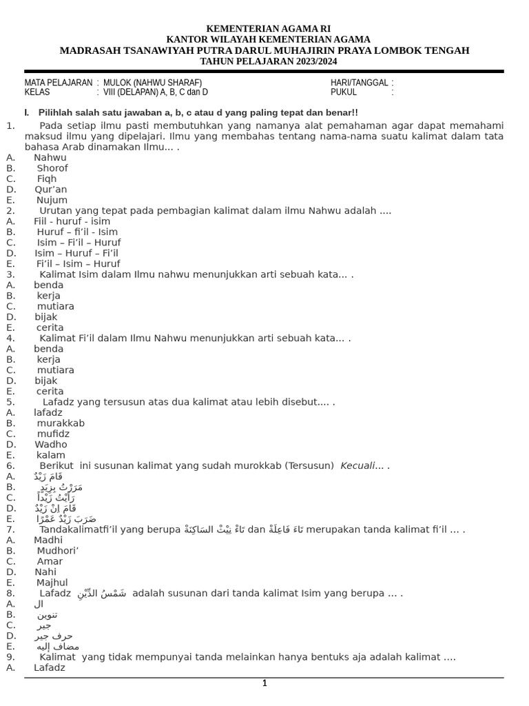 Soal Nahwu Sharaf Kelas VIII 2023/2024 | PDF