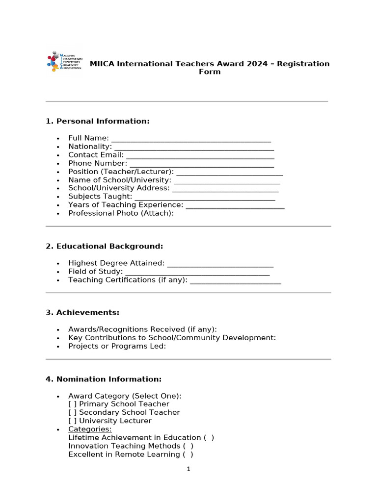 MIICA International Teachers Award 2024 | PDF | Schools | Teachers