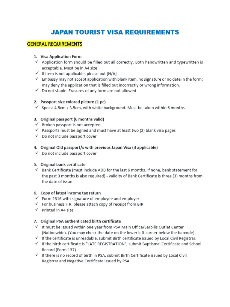 1 Japan Tourist Visa Requirements As of January 2024 | PDF | Birth ...