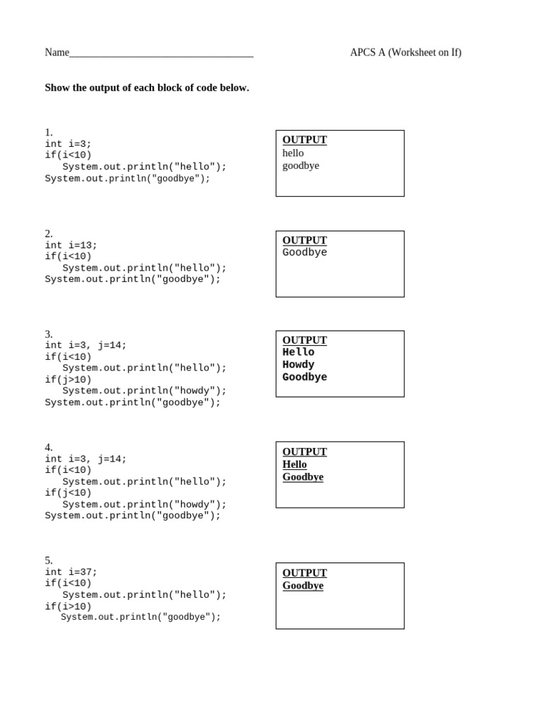 AP Computer Science A: If Else Worksheet | PDF