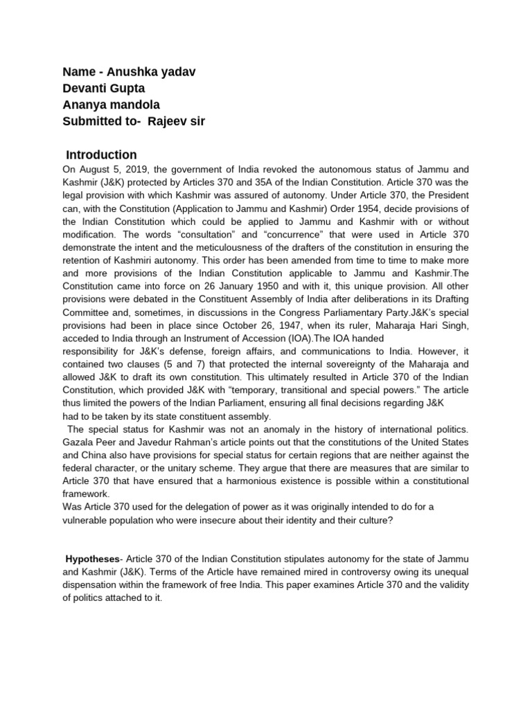 Article 370: J&K's Special Status Explained | PDF | Government