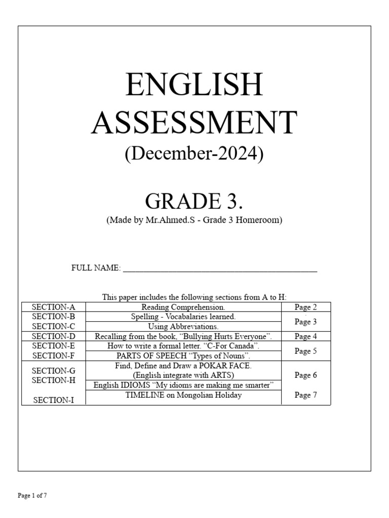 Grade 3 English Assessment 2024 | PDF | Noun | Bullying