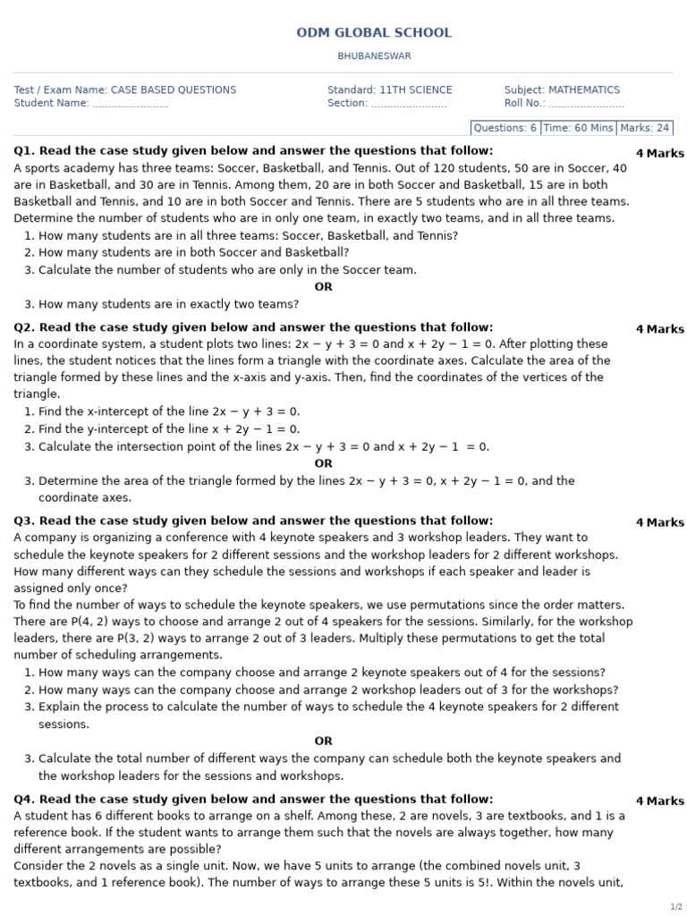 Case Based Questions - 11TH Science-Mathematics | PDF | Mathematics